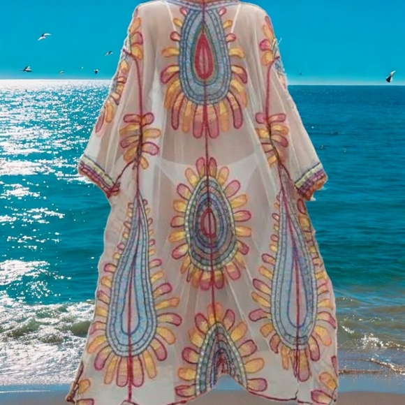 Swim | Boho Embroidered Sheer Coverup Duster Kimono Nwt | Poshmark